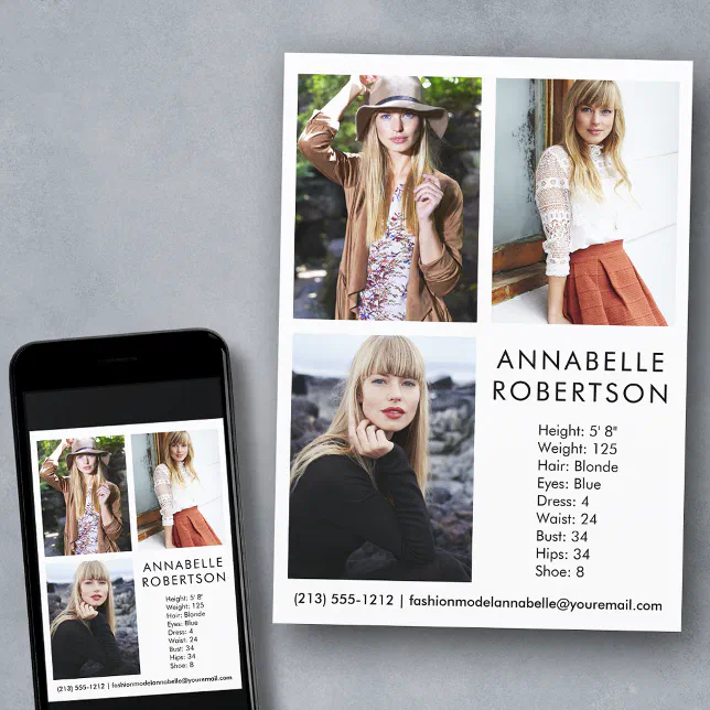 Modern Model Actor 3 Photo Comp Card | Zazzle