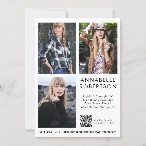 Modern Model Actor 3 Photos QR Code Comp Card | Zazzle