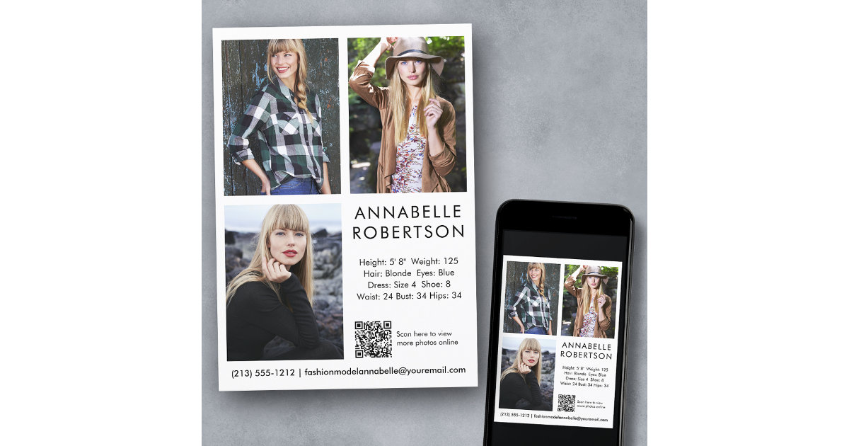 Modern Model Actor 3 Photos QR Code Comp Card | Zazzle