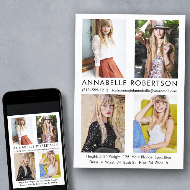 Modern Model Actor 4 Photos Comp Card | Zazzle
