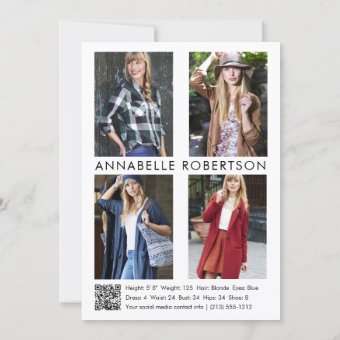 Modern Modeling 5 Photo QR Code Model Comp Card | Zazzle