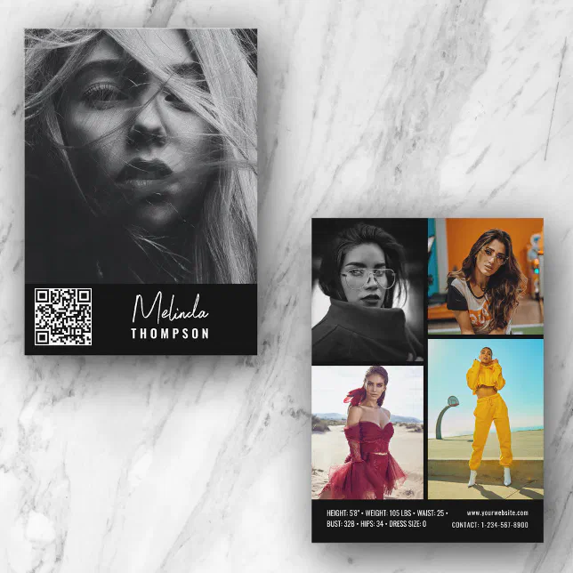 Modern Modeling Comp Card 5 Photo QR Code Black | Zazzle
