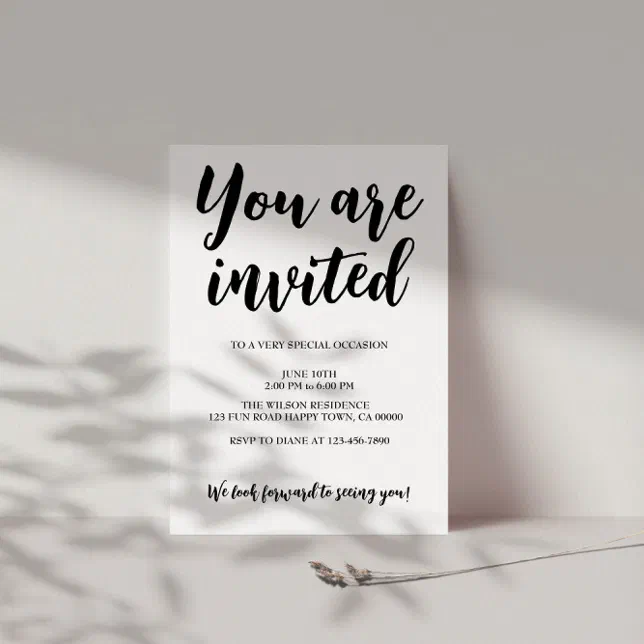 Modern Monochrome General Party Black Text Invitation | Zazzle