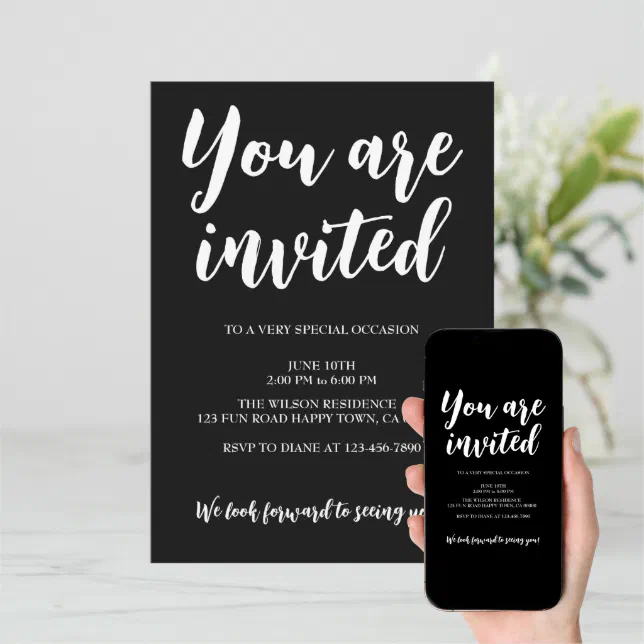 Modern Monochrome General Party White Text Invitation | Zazzle