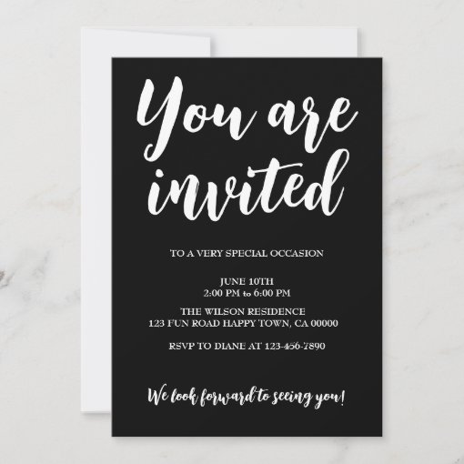 Modern Monochrome General Party White Text Invitation | Zazzle
