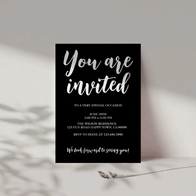 Modern Monochrome General Party White Text Invitation | Zazzle