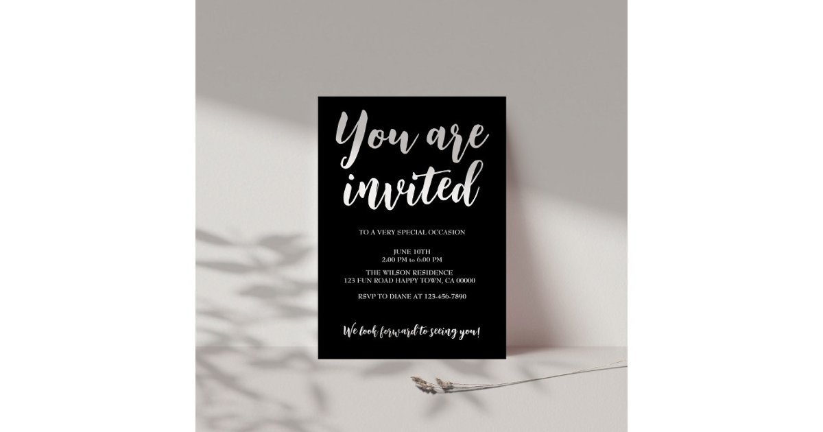 Modern Monochrome General Party White Text Invitation | Zazzle