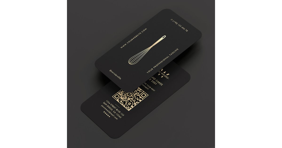 Modern Monogram Baker Caterer Black Gold Whisk Business Card | Zazzle