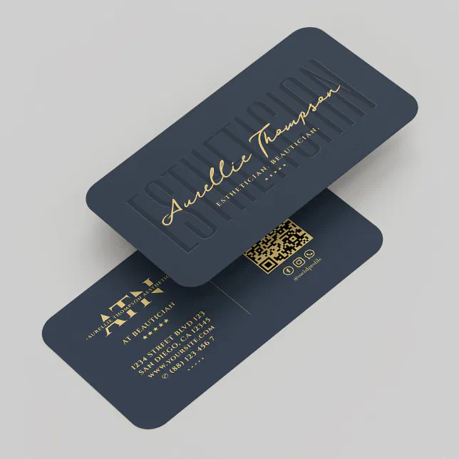 Modern Monogram Beautician Esthetician Blue Gold Business Card | Zazzle