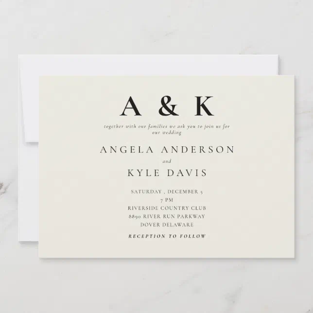 Modern Monogram Beige No Parent Horizontal Wedding Invitation | Zazzle