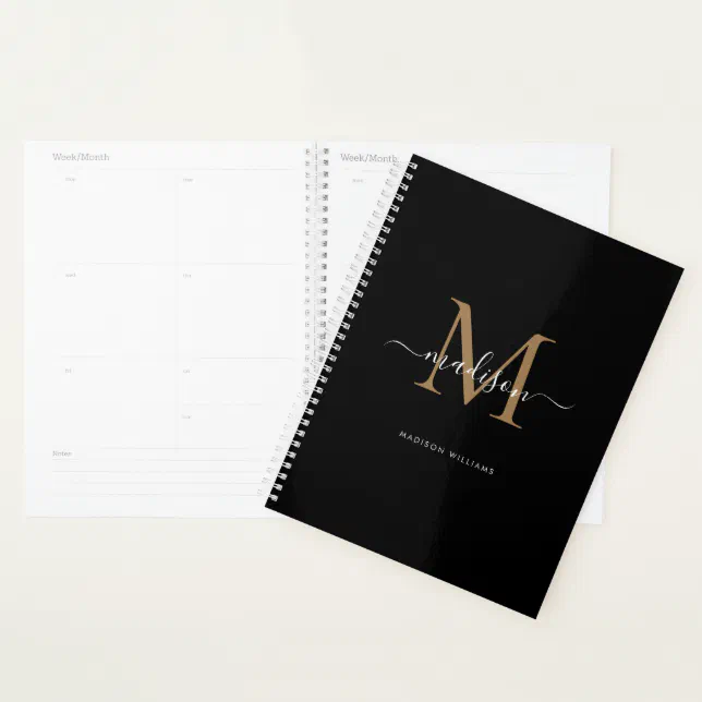 Modern Monogram Black Gold Elegant Script Name Planner | Zazzle