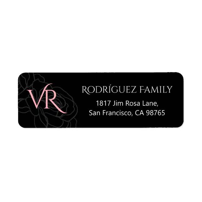 Modern Monogram Black Pink Roses Return Address Label | Zazzle
