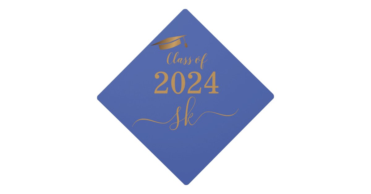 Modern Monogram Blue Gold Script Graduation Cap Topper | Zazzle