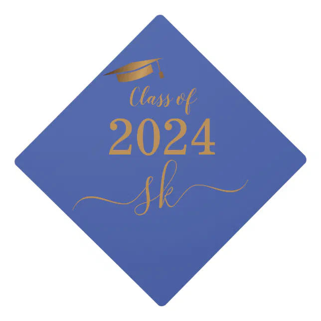 Modern Monogram Blue Gold Script Graduation Cap Topper | Zazzle