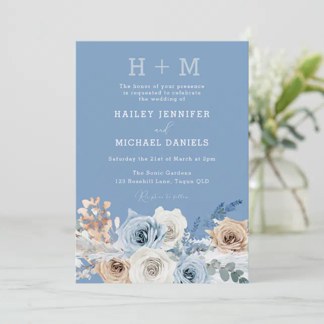 Modern Monogram Boho Dusty Blue Floral Wedding Invitation | Zazzle