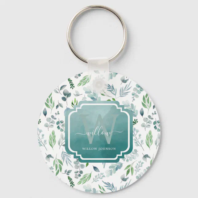 Modern Monogram Botanical Greenery Eucalyptus Keychain | Zazzle