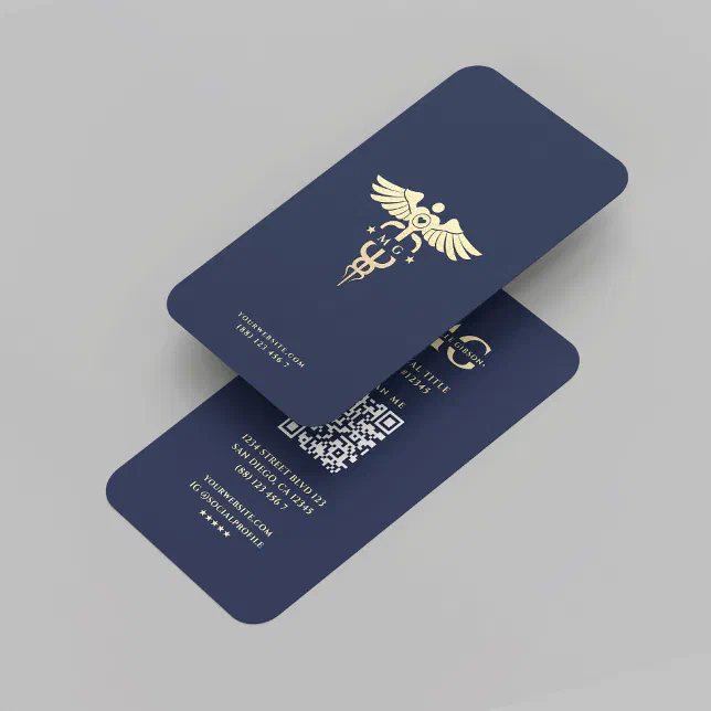 Modern Monogram Doctor Medical Blue Gold Caduceus Business Card | Zazzle