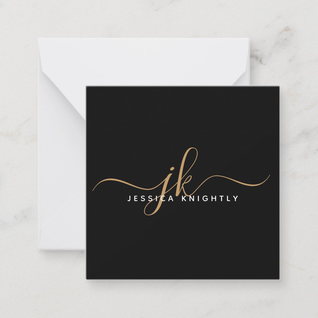 Modern Monogram Elegant Script Initials Gold Black Note Card | Zazzle