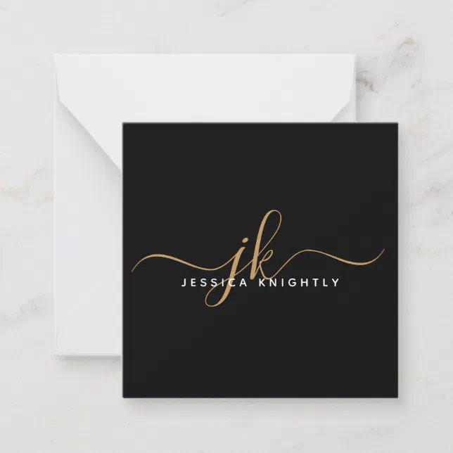 Modern Monogram Elegant Script Initials Gold Black Note Card | Zazzle