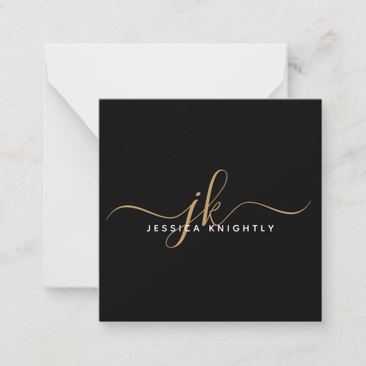 Modern Monogram Elegant Script Initials Gold Black Note Card | Zazzle