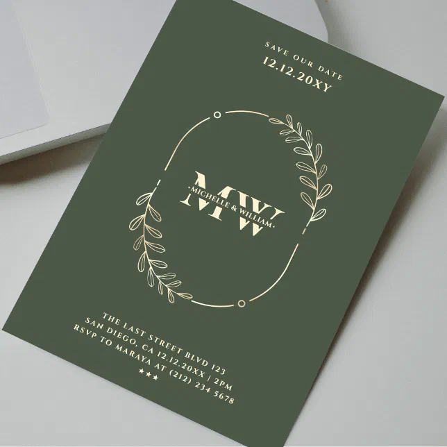 Modern Monogram Elegant Wedding Dark Green Gold Invitation | Zazzle