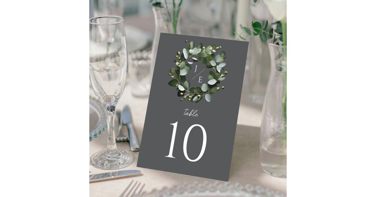 Modern Monogram Eucalyptus Wreath | Gray Table Number | Zazzle