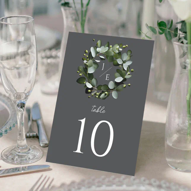 Modern Monogram Eucalyptus Wreath | Gray Table Number | Zazzle