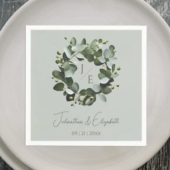 Modern Monogram Eucalyptus Wreath Sage Green Napkins | Zazzle