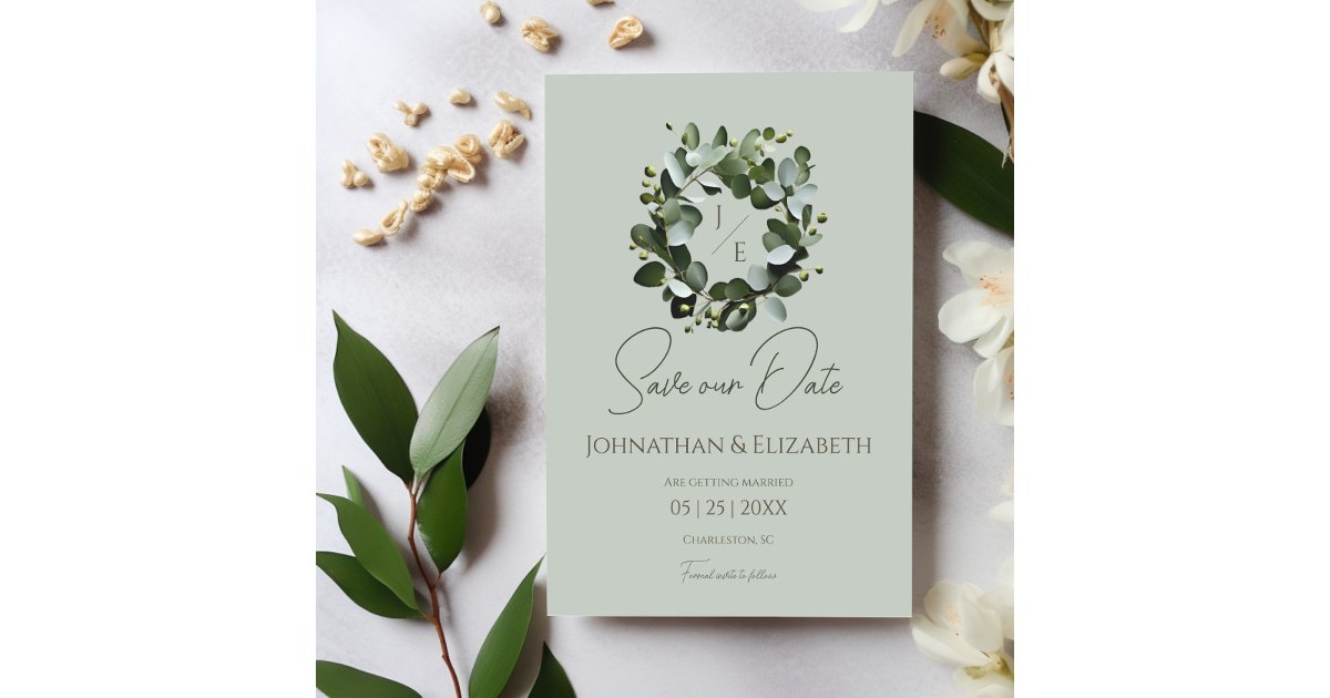 Modern Monogram Eucalyptus Wreath | Sage Green Save The Date | Zazzle