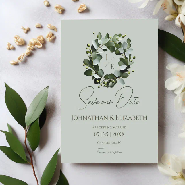 Modern Monogram Eucalyptus Wreath | Sage Green Save The Date | Zazzle