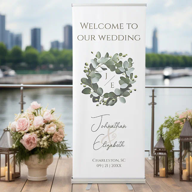 Modern Monogram Eucalyptus Wreath Wedding | White Retractable Banner ...