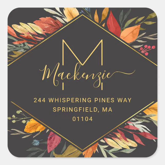 Modern Monogram Fall Foliage Return Address Square Sticker | Zazzle