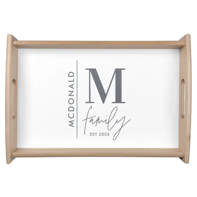 Modern monogram family navy grey stylish matching serving tray | Zazzle