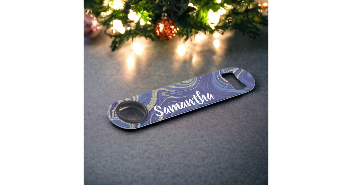 Modern monogram gold glitter marble navy blue bar key | Zazzle