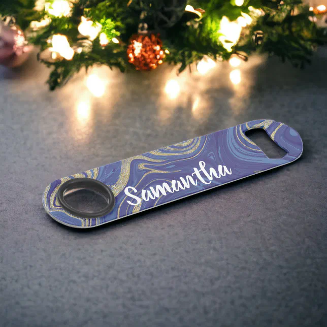 Modern monogram gold glitter marble navy blue bar key | Zazzle