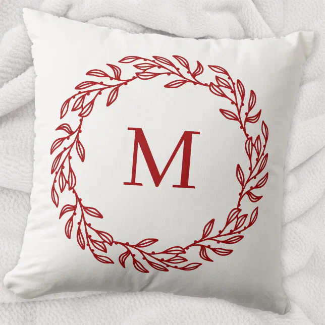Modern Monogram Initial Red Leaf and Berry Wreath Throw Pillow | Zazzle