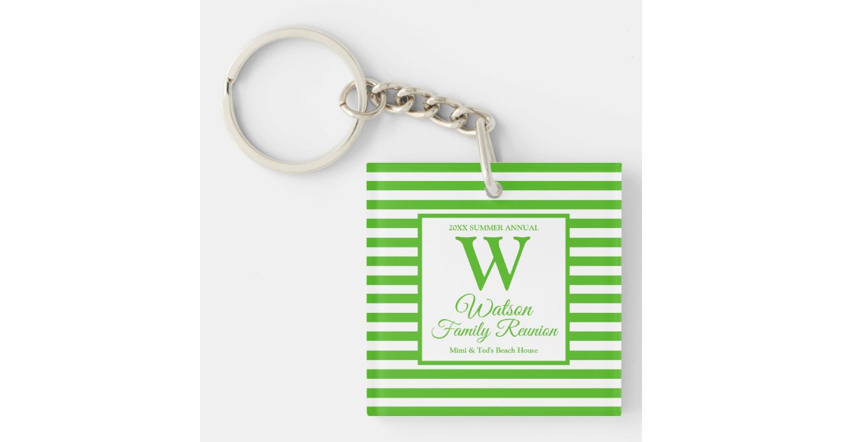 Modern Monogram Kelly Green Stripes Family Reunion Keychain | Zazzle