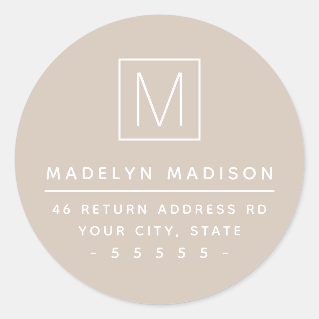 Modern monogram light mocha brown return address classic round sticker ...