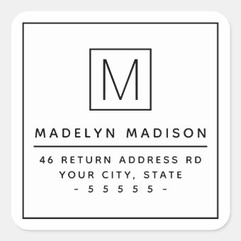 Modern monogram minimalist white return address square sticker | Zazzle