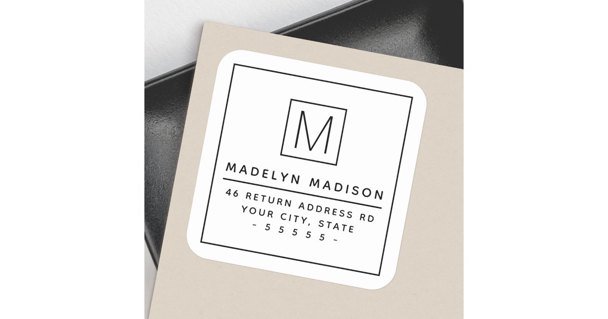 Modern monogram minimalist white return address square sticker | Zazzle