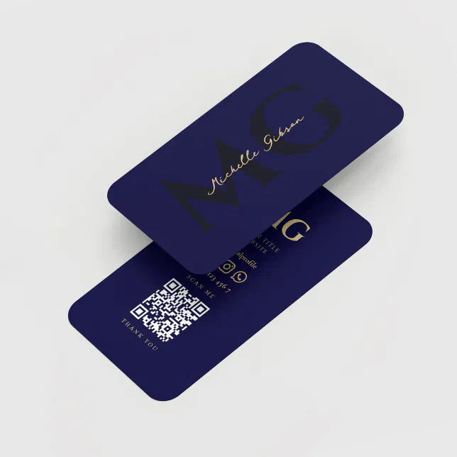 Modern Monogram Name Initials Midnight Blue QR Business Card | Zazzle
