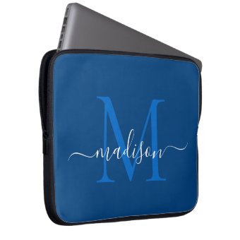 Modern Monogram Navy Blue Elegant Chic Script Name Laptop Sleeve | Zazzle