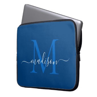 Modern Monogram Navy Blue Elegant Chic Script Name Laptop Sleeve | Zazzle