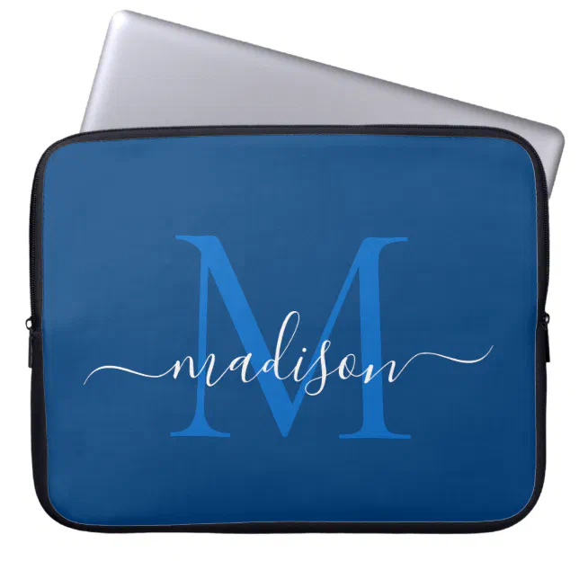 Modern Monogram Navy Blue Elegant Chic Script Name Laptop Sleeve | Zazzle