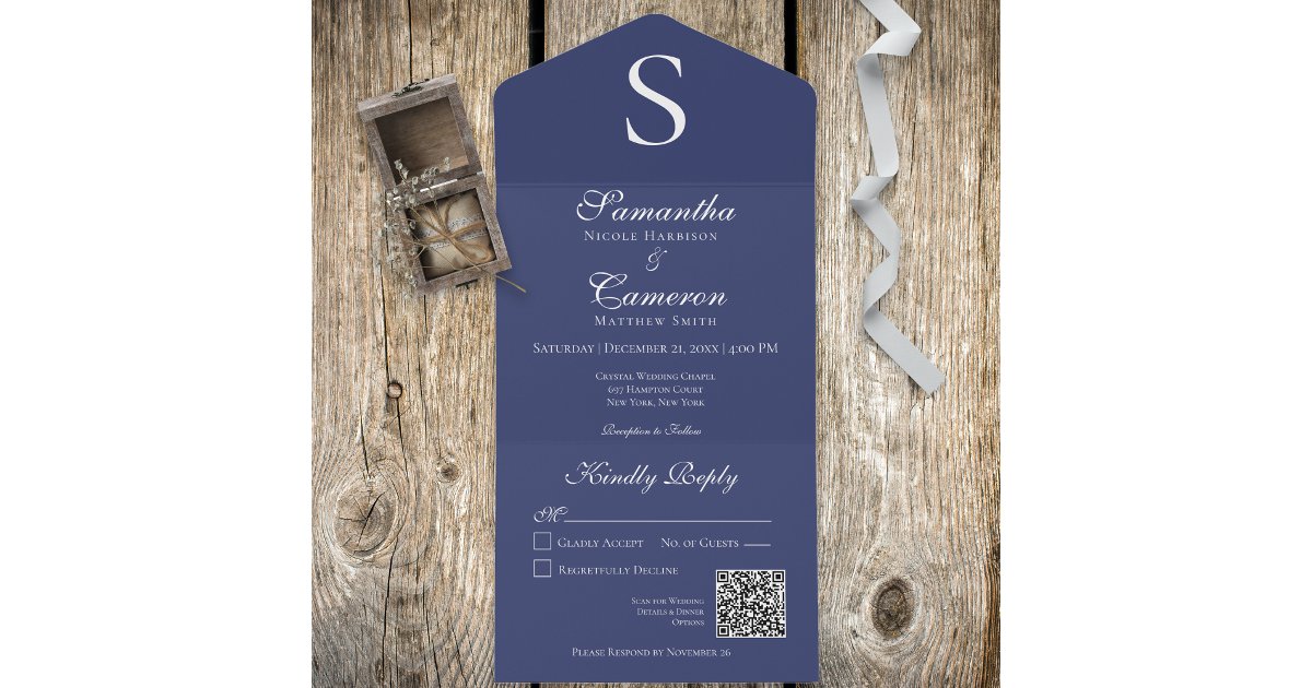 Modern Monogram Navy Blue QR Code All In One Invitation | Zazzle
