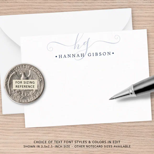 Modern Monogram Navy Blue Script Initials Note Card | Zazzle