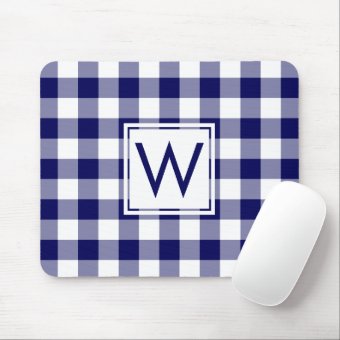 Modern Monogram Navy Blue & White Gingham Pattern Mouse Pad | Zazzle