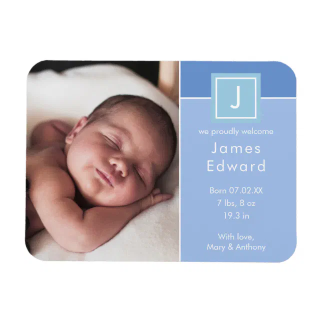 Modern Monogram Photo Baby Boy Birth Announcement Magnet | Zazzle