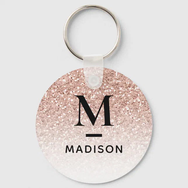 Modern Monogram Pink Rose Gold Glitter Ombre Name Keychain | Zazzle