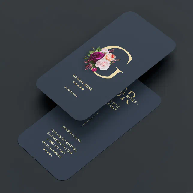 Modern Monogram Professional Dark Blue Floral G Business Card | Zazzle